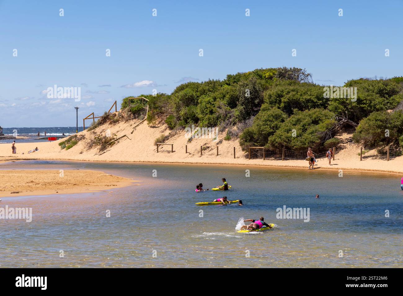 Narrabeen lagoon on the east coast of Sydney, summers day people on ...
