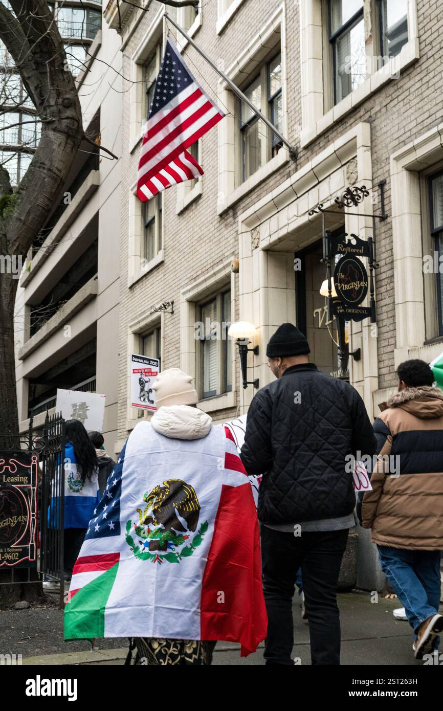 Seattle, USA. 16 Feb 2025. Activists gathered at the Protesta Contra ...