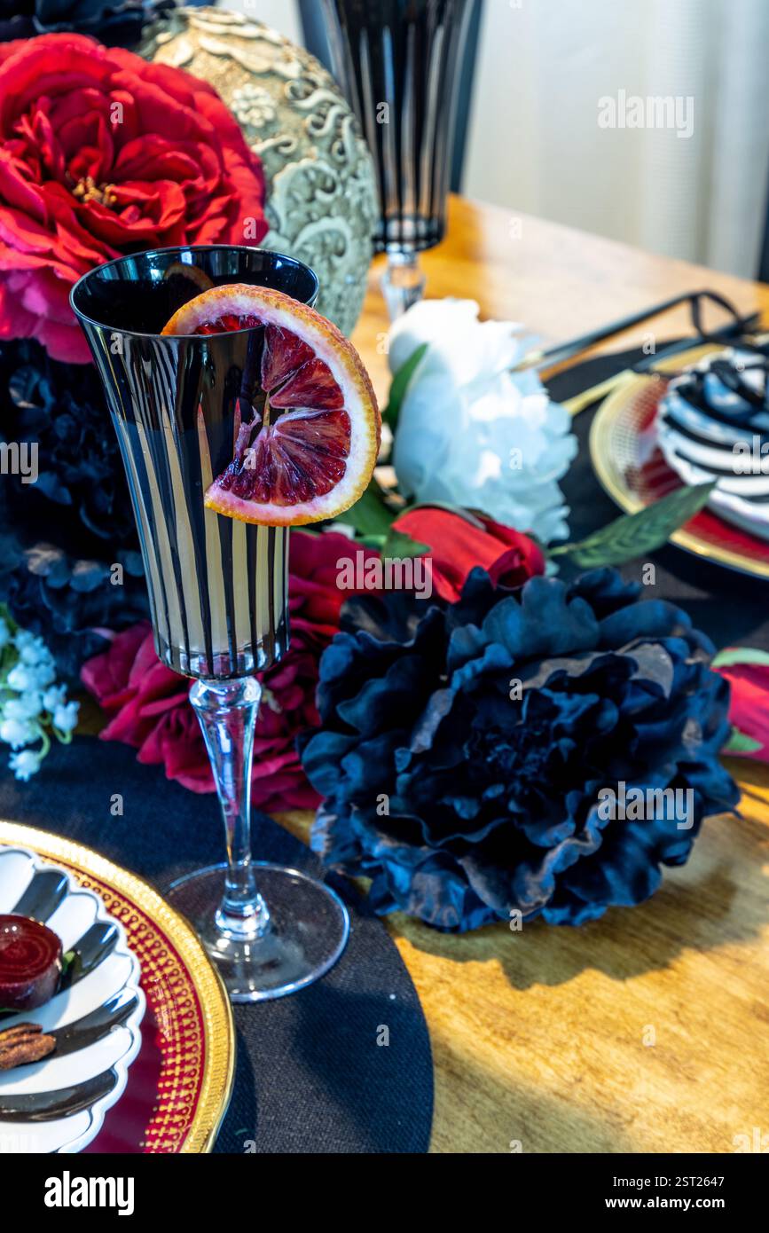 Blood orange mimosa champagne glass served on an All Saints Day ...