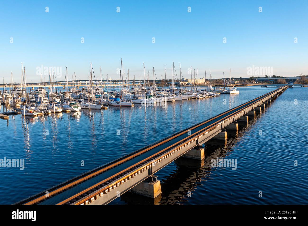 Aerial View of a railroad Bridge and a marina in New Bern North ...