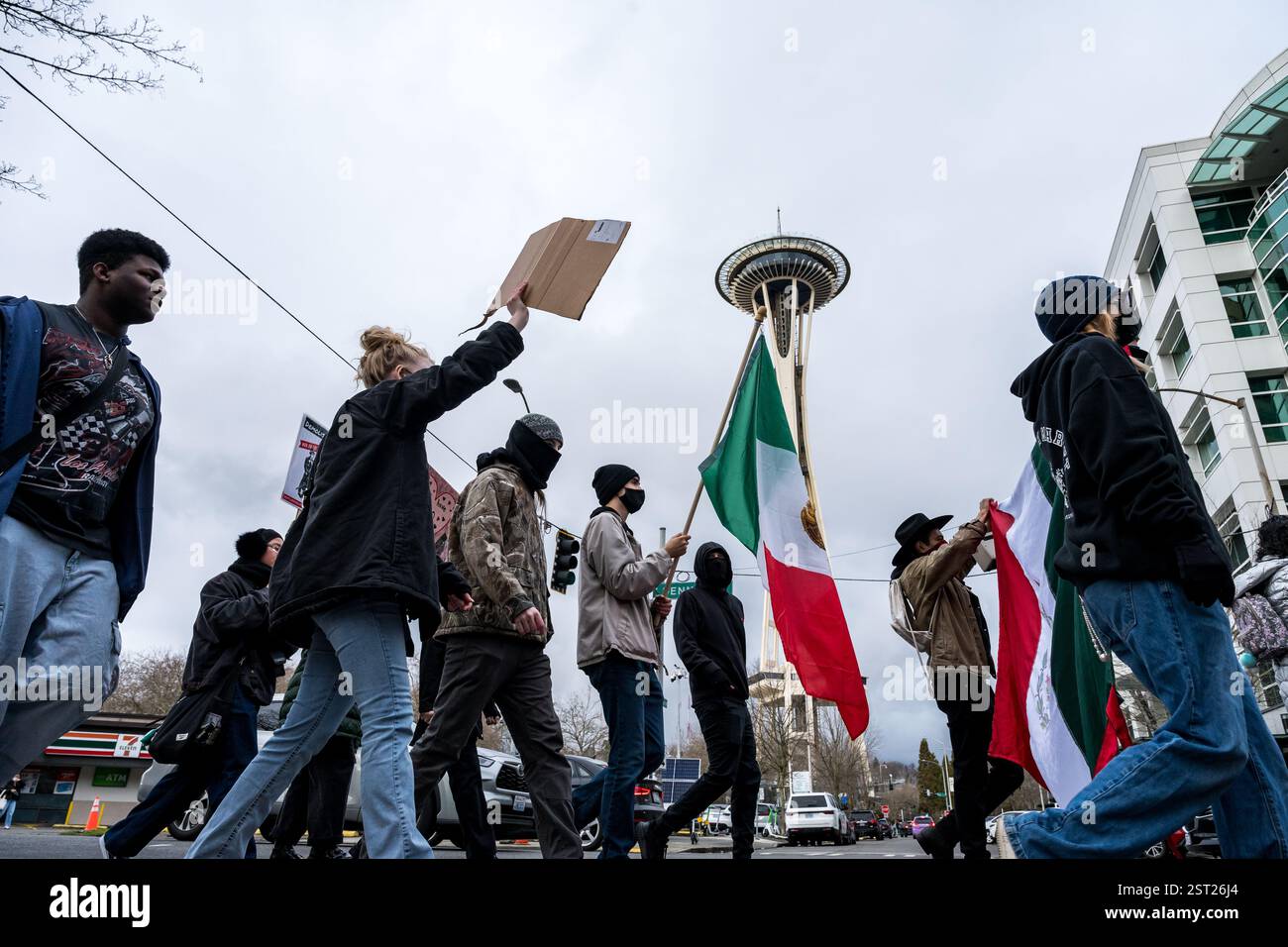 Seattle, USA. 16 Feb 2025. Activists gathered at the Protesta Contra ...