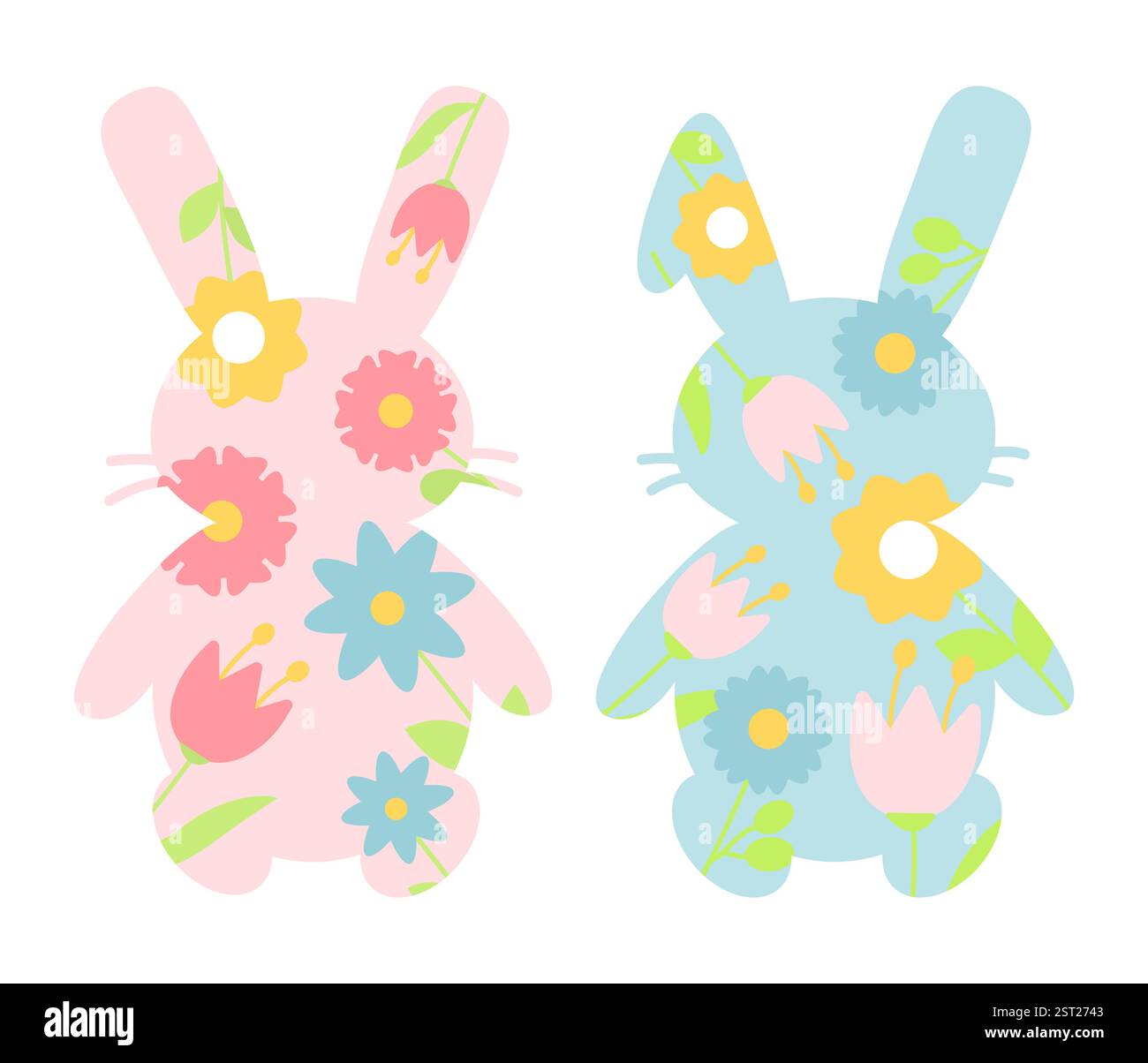 Two flat cartoon bunny silhouettes with floral patterns in pastel ...