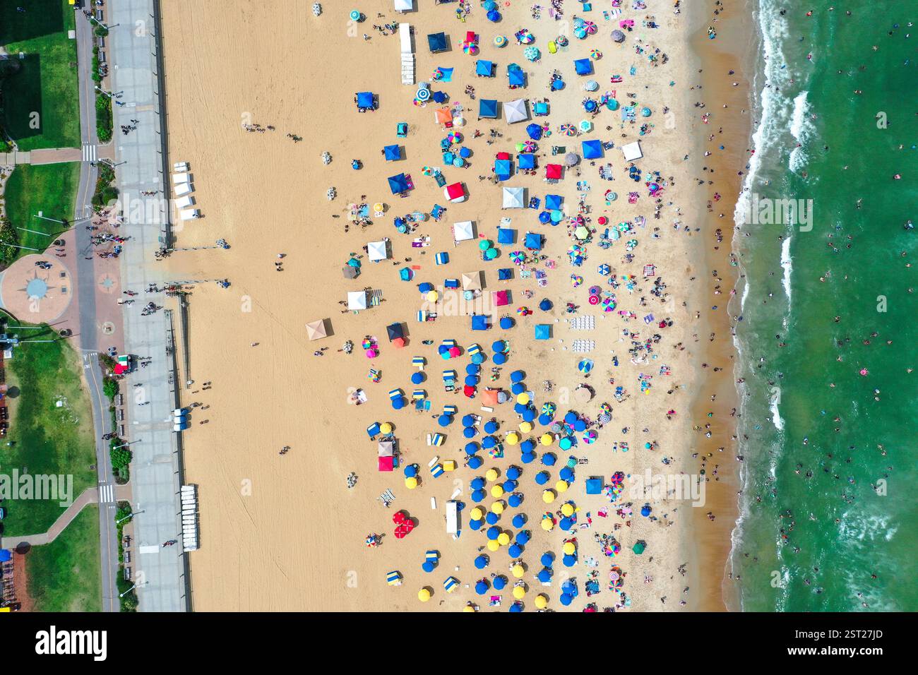 aerial view top down of a crowded beach at the Virginia Beach ocean ...