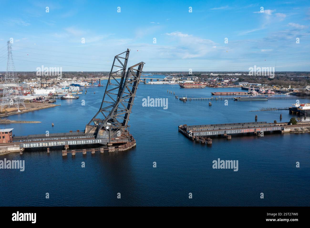 Aerial View of a rail drawbridge in the upright position in the ...