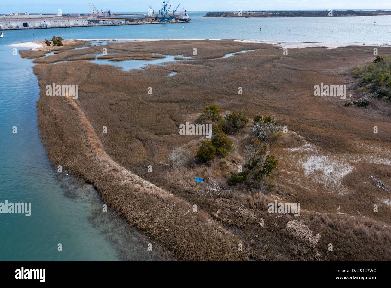 Aerial view of marshy Sugarloaf island in Morehead City looking towards ...