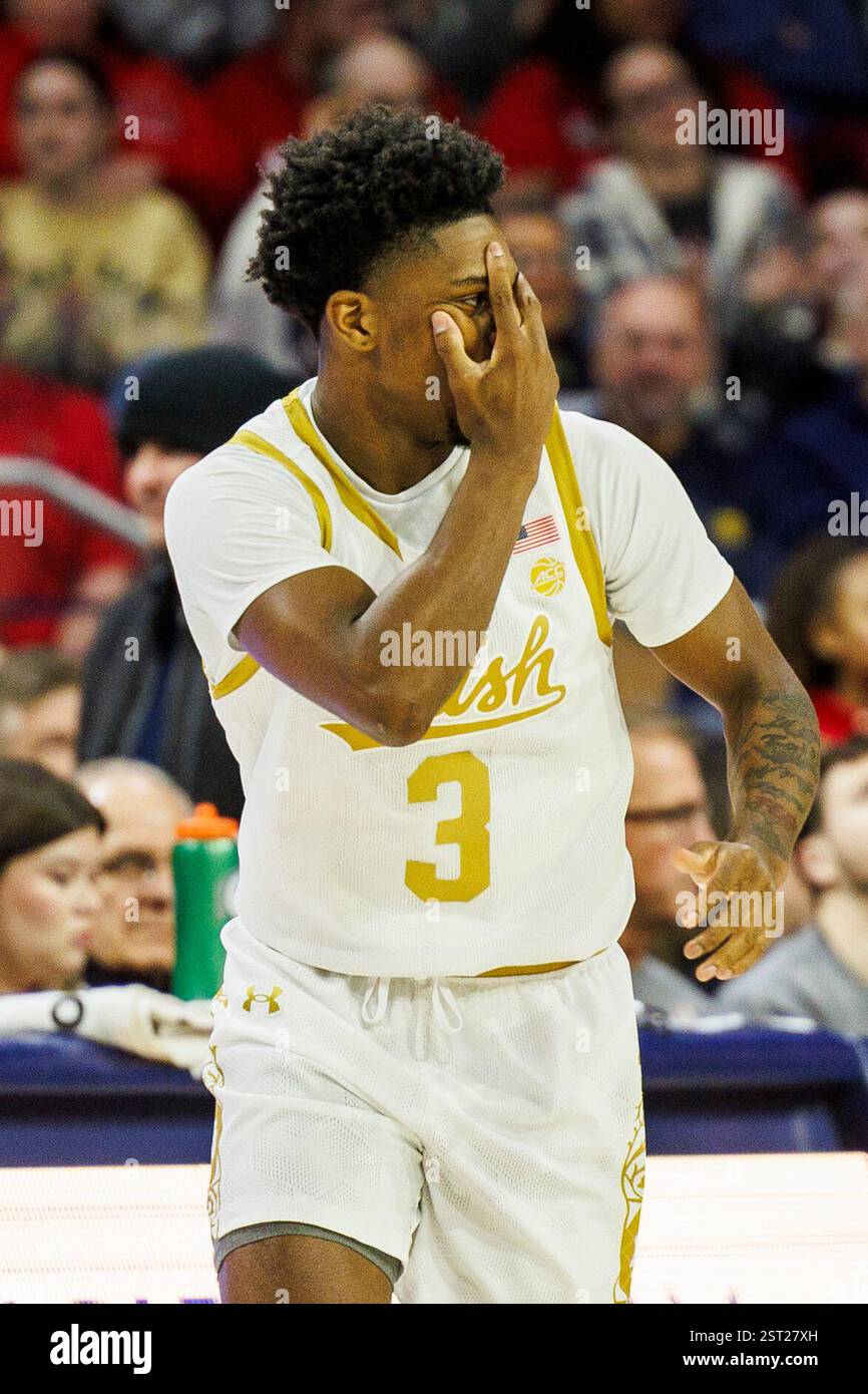 February 16, 2025: Notre Dame guard Markus Burton (3) reacts to three ...