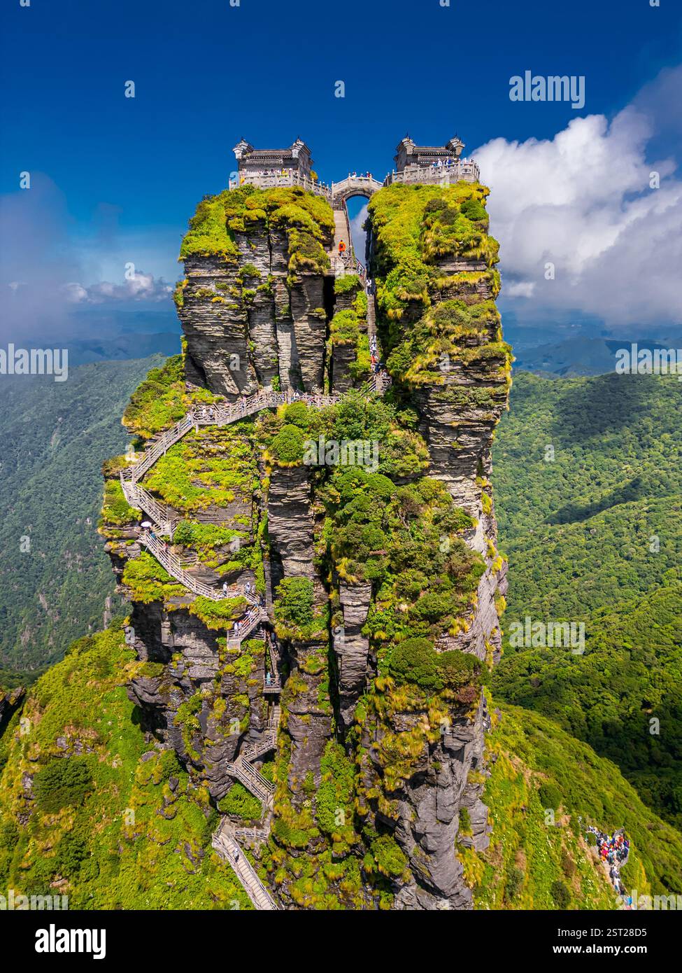 Close up aerial view of Fanjingshan mountain with view of new golden ...