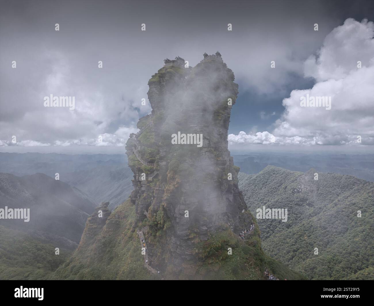 Panoramic aerial shot of Fanjingshan mountain with Buddhist temple on ...