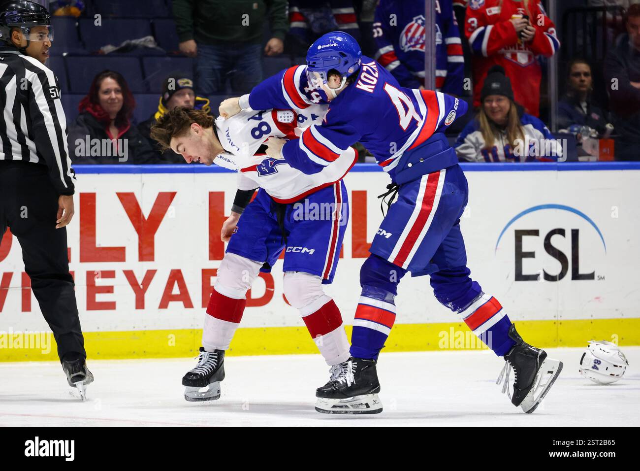 Rochester, New York, USA. 16th Feb, 2025. Laval Rocket defenseman William Trudeau (84) and ...
