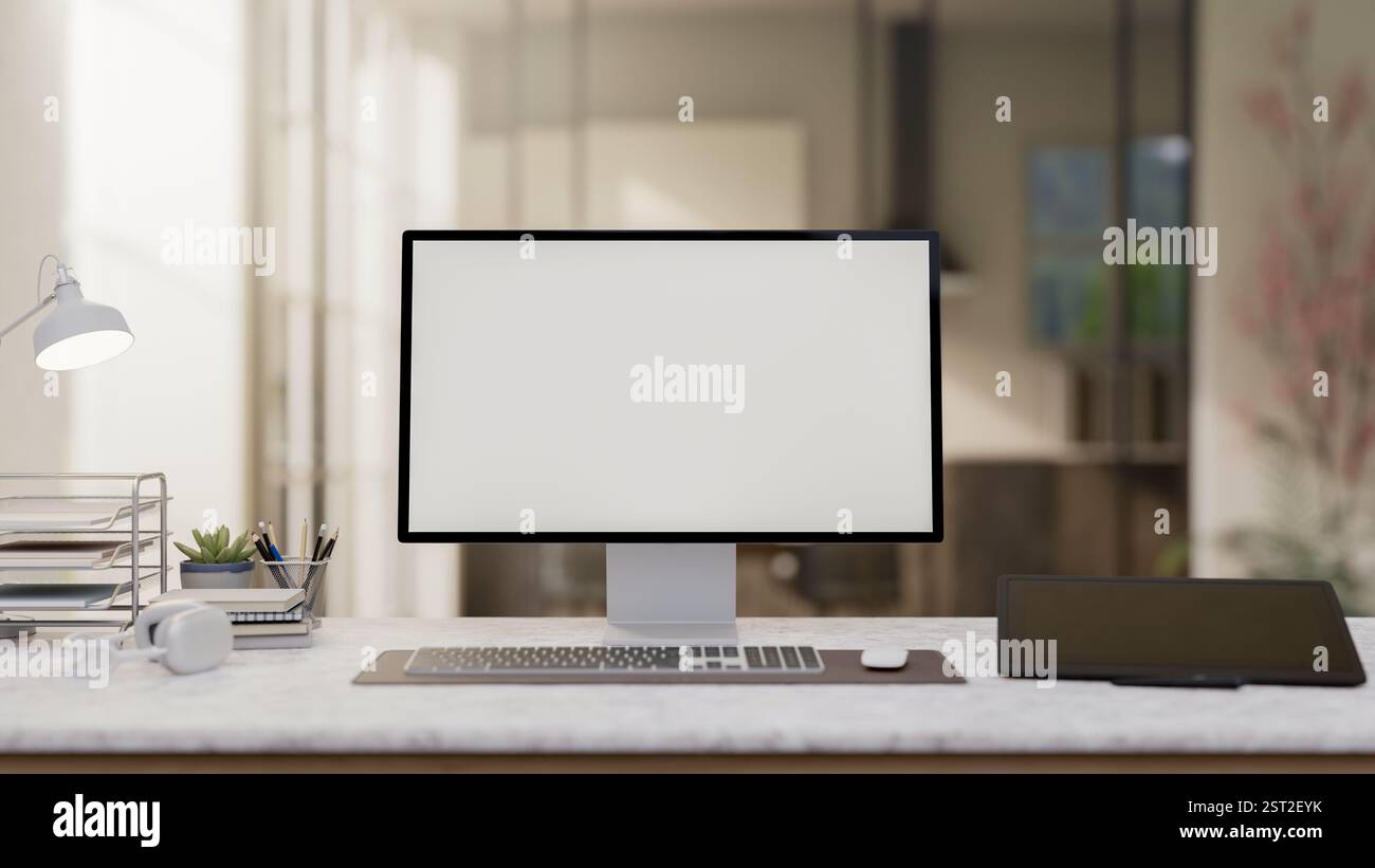 A modern graphic designer office features a computer with a white ...