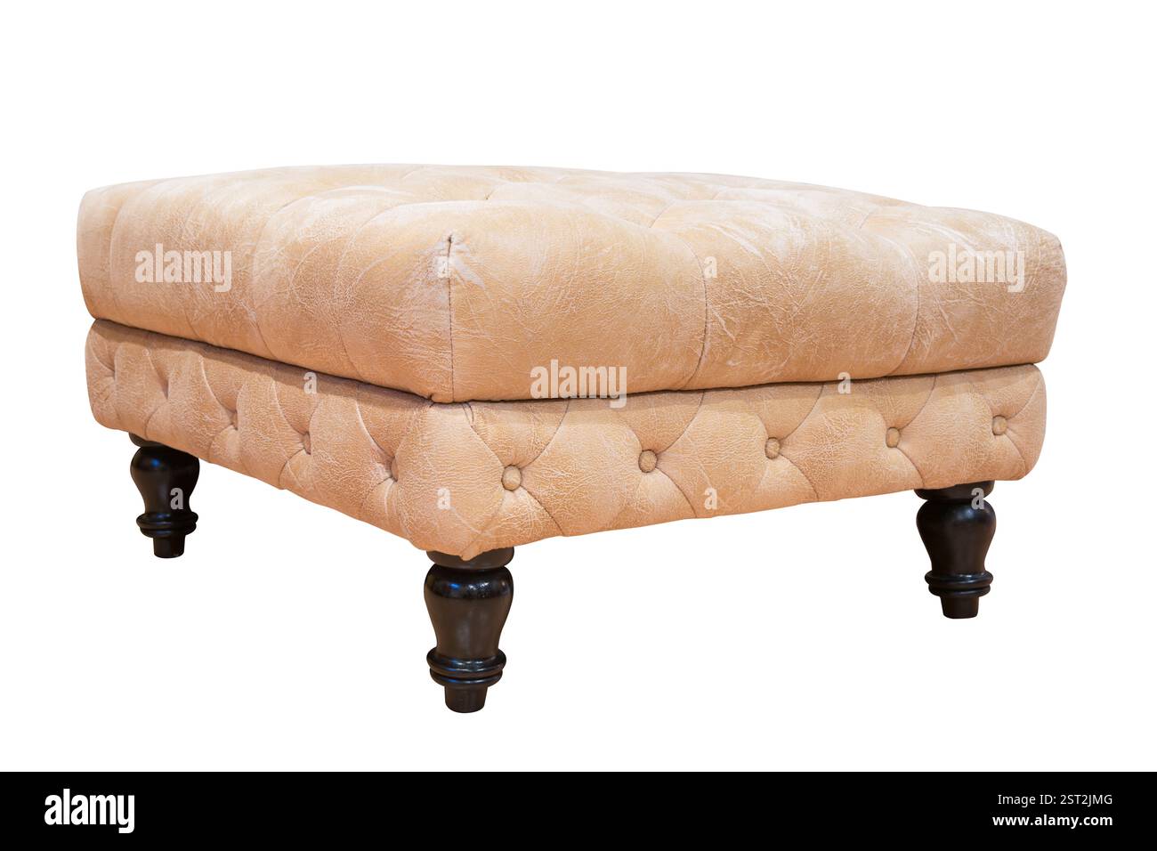 Leather padded stool with wooden legs isolated on white backgrounds ...