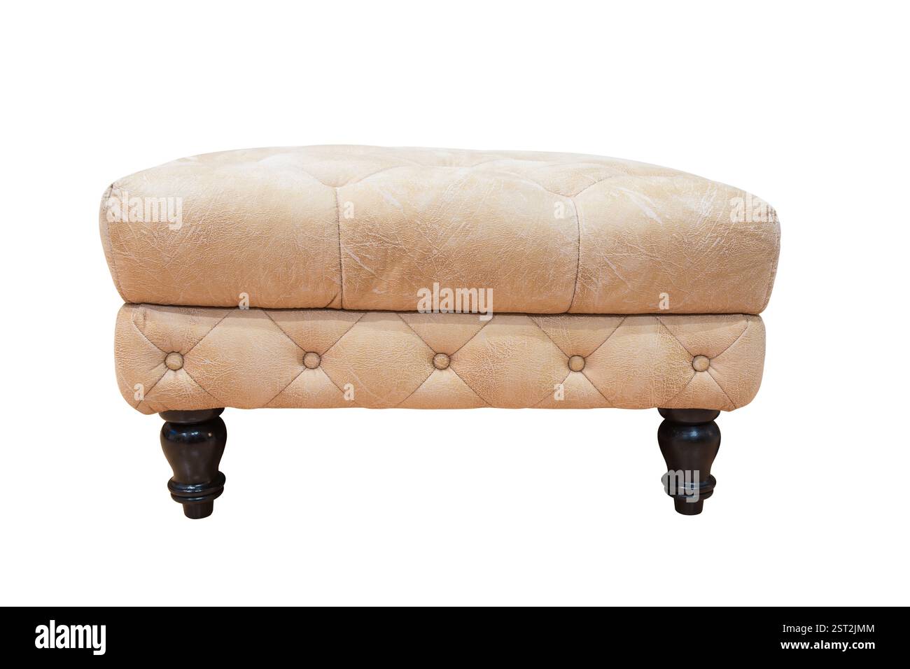 Leather padded stool with wooden legs isolated on white backgrounds ...