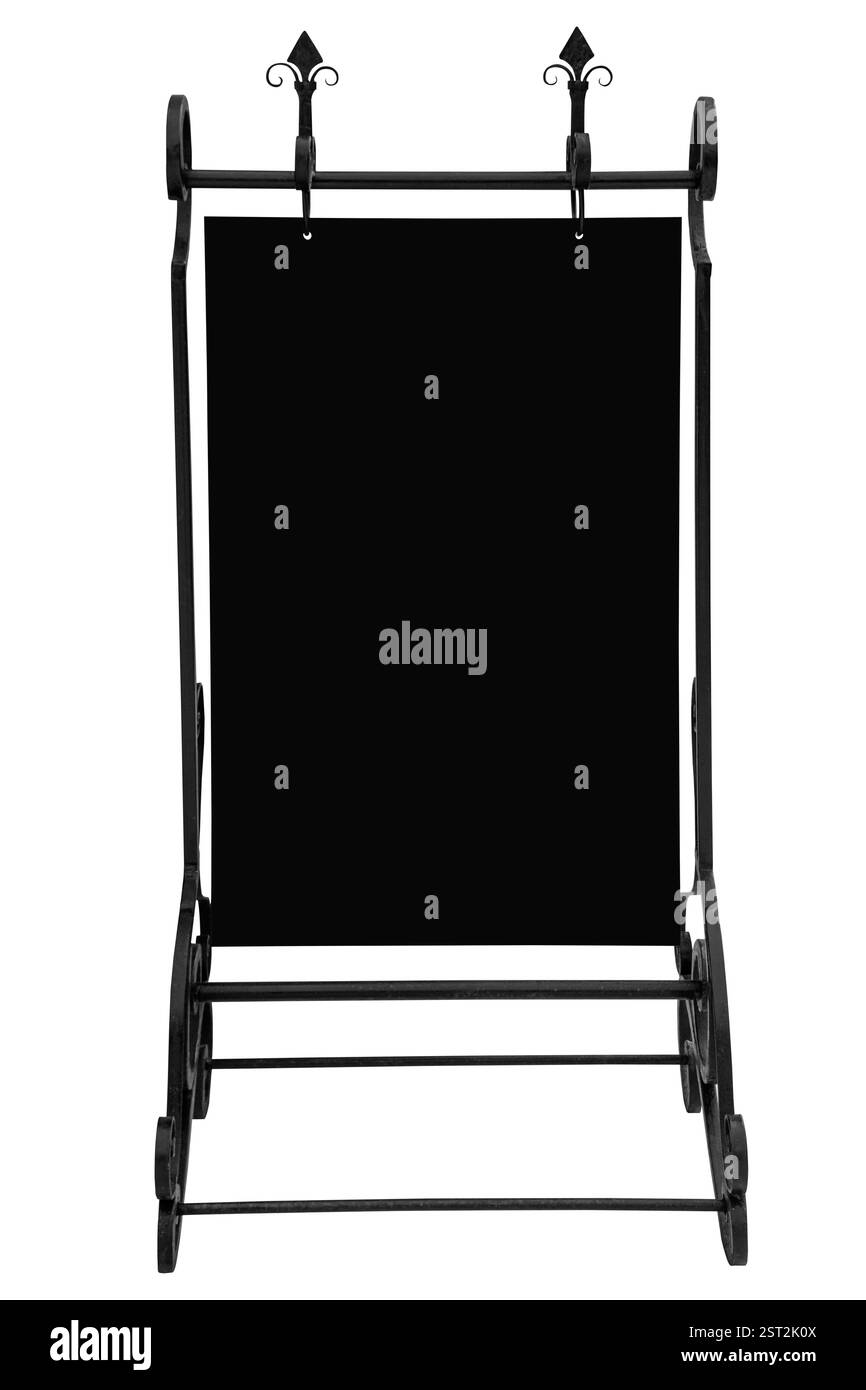 Black menu board on vintage steel frame isolated on white backgrounds ...