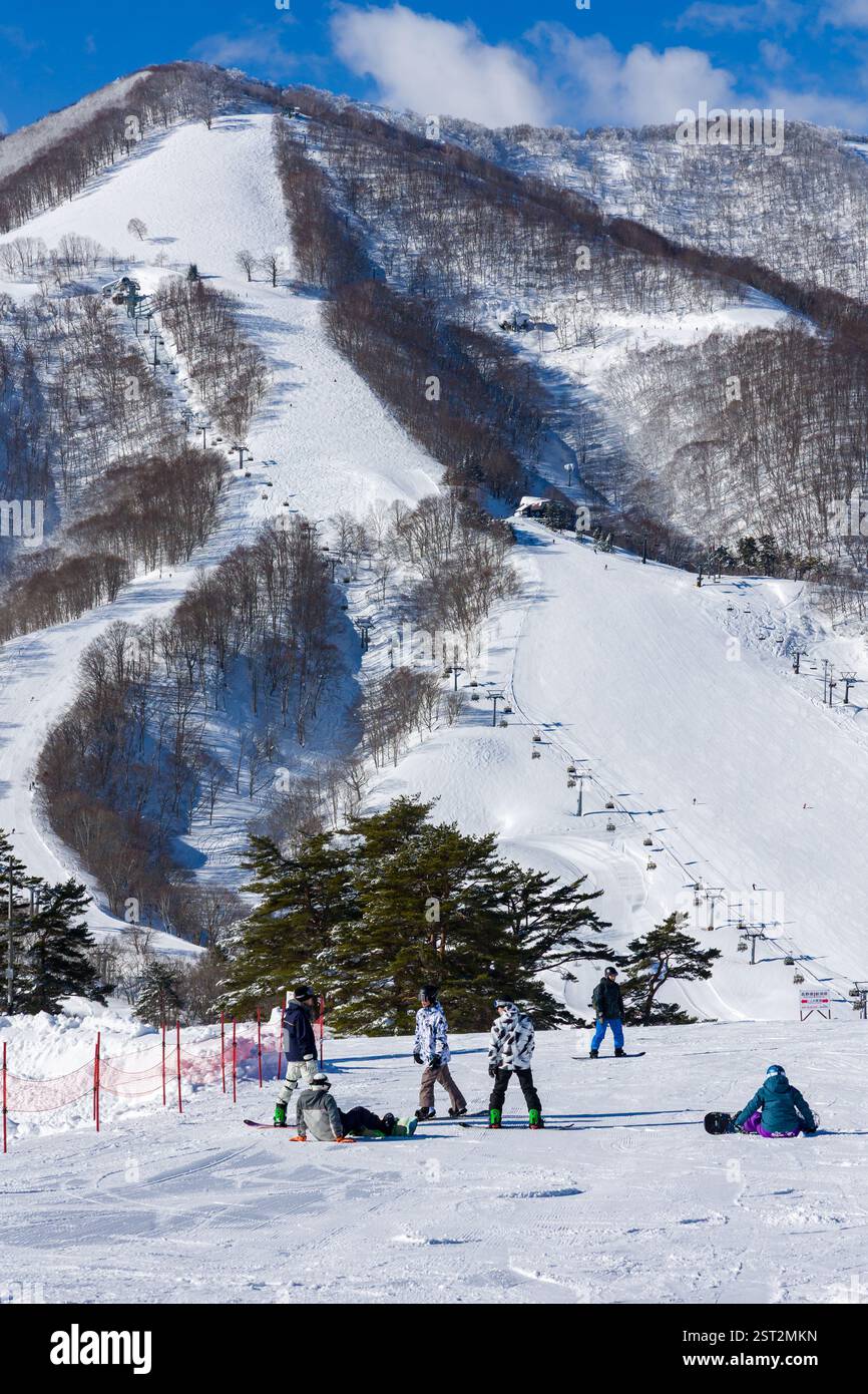 MADARAO, JAPAN - FEBRUARY 14 2025: Skiers and snowboarders at the ...