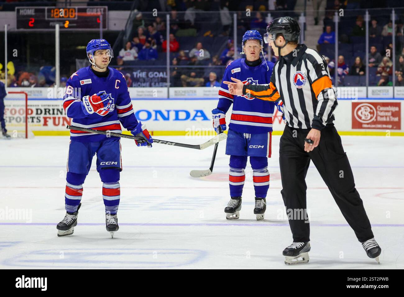 February 16th 2025: Rochester Americans forward Mason Jobst (26) talks ...
