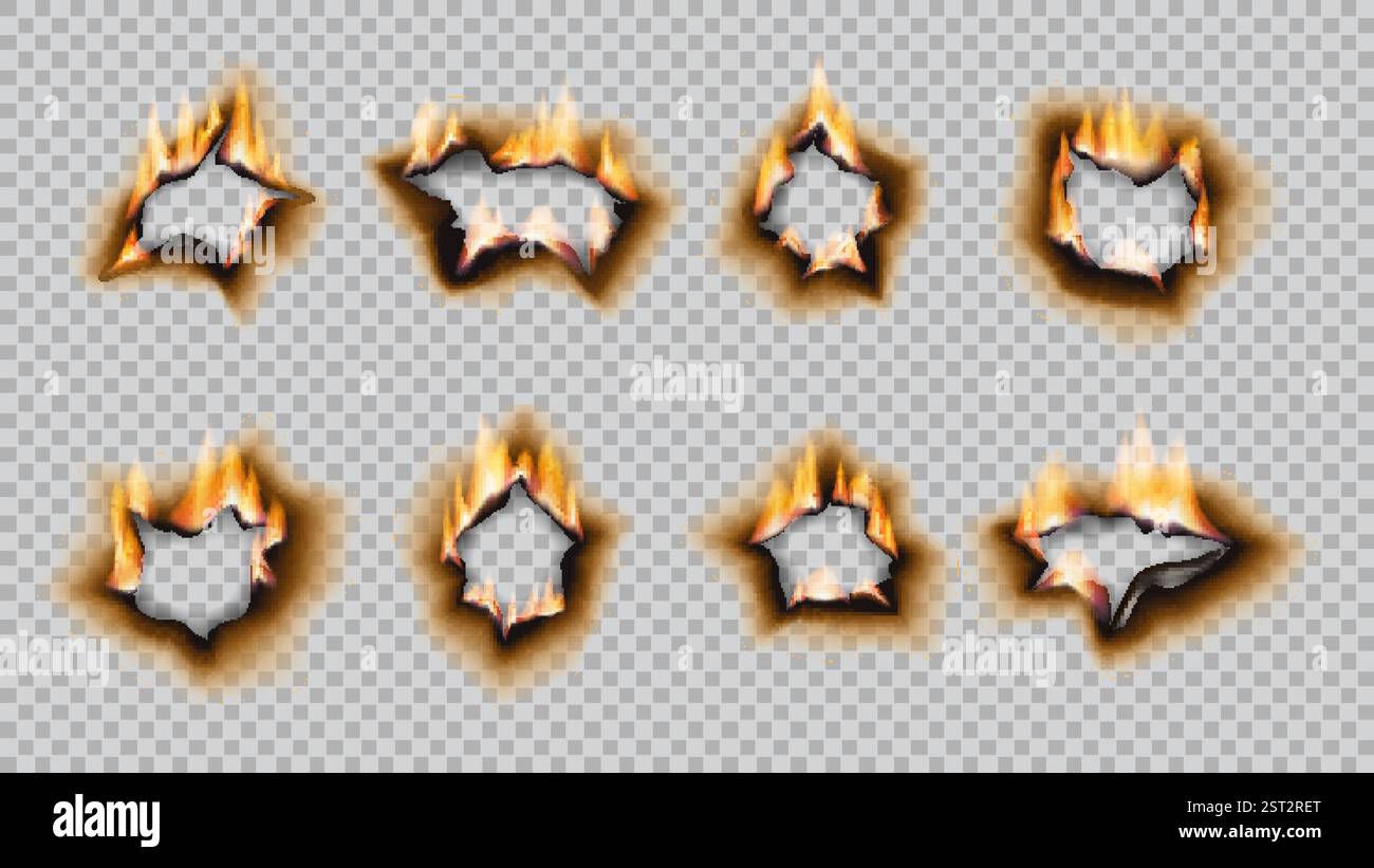 Realistic burnt paper holes with flames, showcasing charred edges and ...