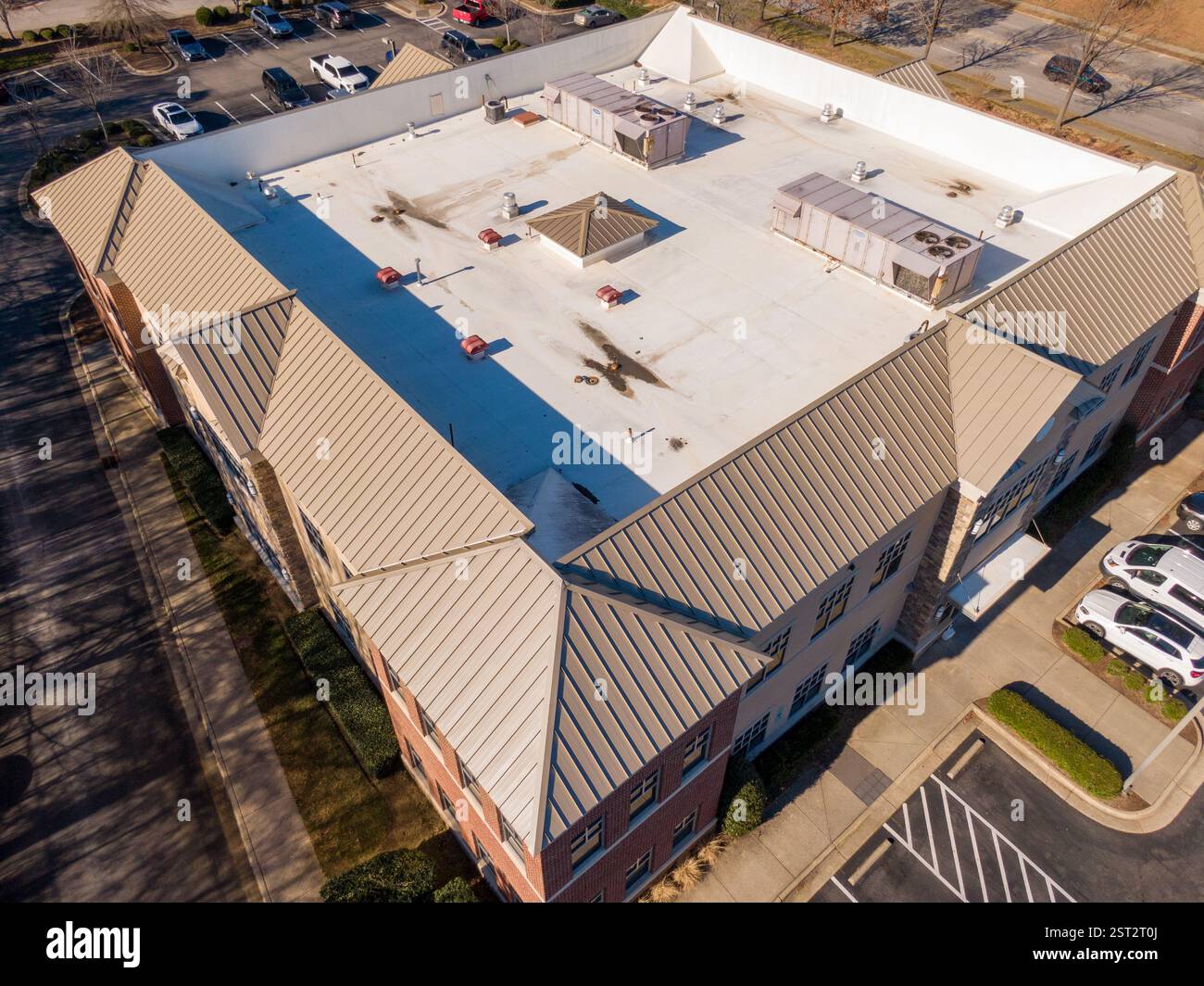 Day Time Drone Images of a Commercial Building With a TPO Roof With ...