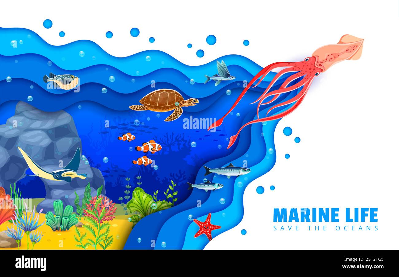 Paper cut save the oceans banner with squid, fish shoal and animals at ...