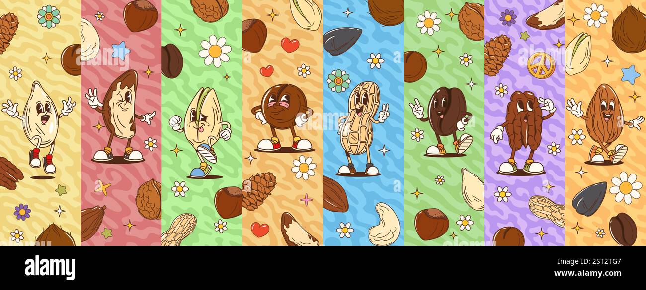Collage of cartoon groovy nut characters featuring almond, peanut ...