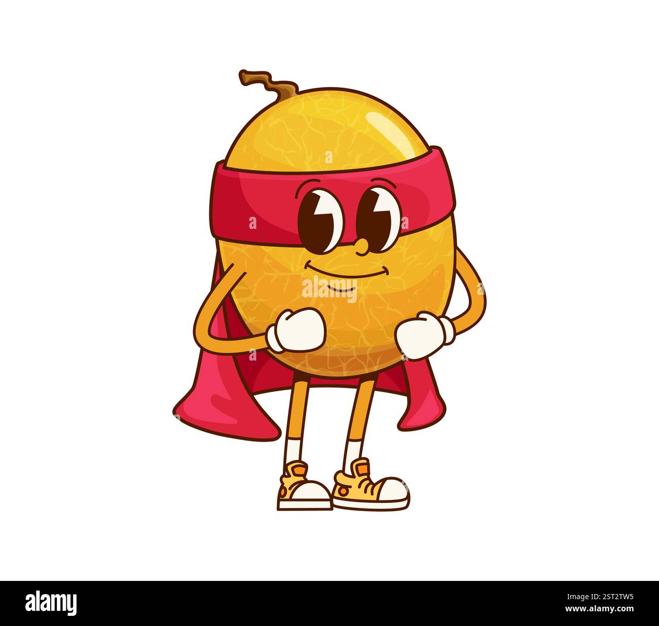 Groovy melon fruit superhero character in red cape and mask. Cartoon ...