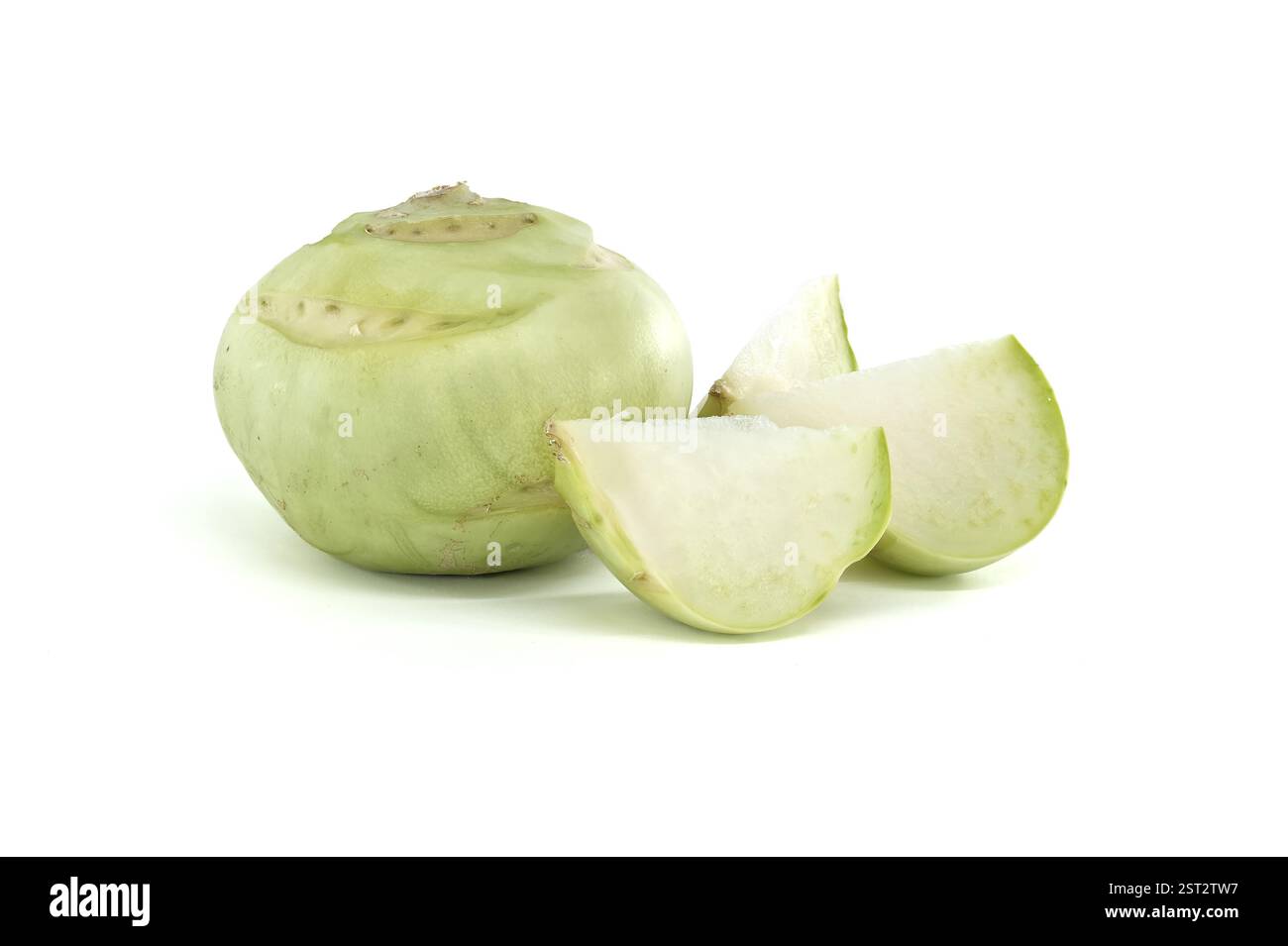 A clean depiction of a fresh green kohlrabi vegetable, presented whole ...