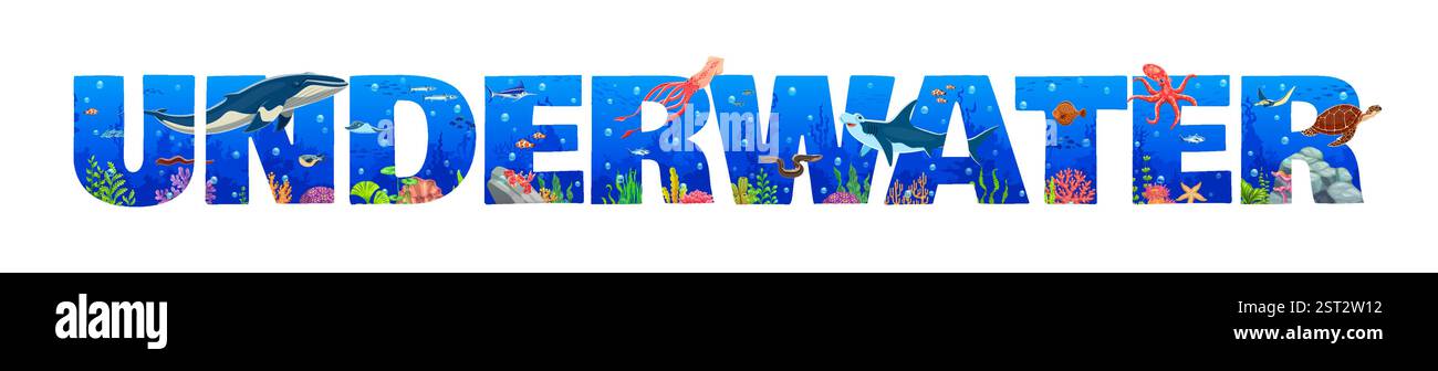 Cartoon underwater typography with sea animals, fish shoals and ocean ...