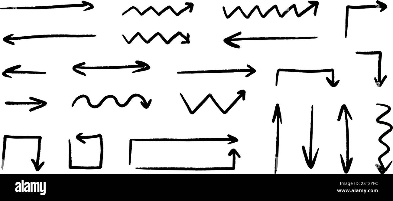 Hand drawn zigzag and straight arrow set. Black grunge sketch arrow ...