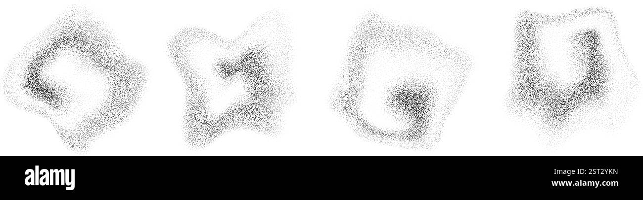 Fluid dotted gradient drop shapes. Grainy spray spots and stains. Black ...