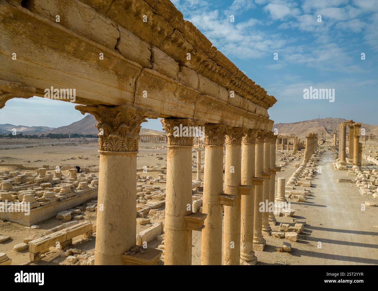 An aerial view shows sections of the columns in the ancient city of ...