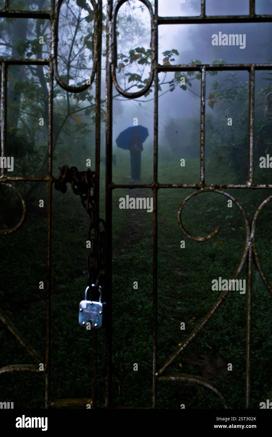 Lonely figure dense fog locked gate hi-res stock photography and images ...