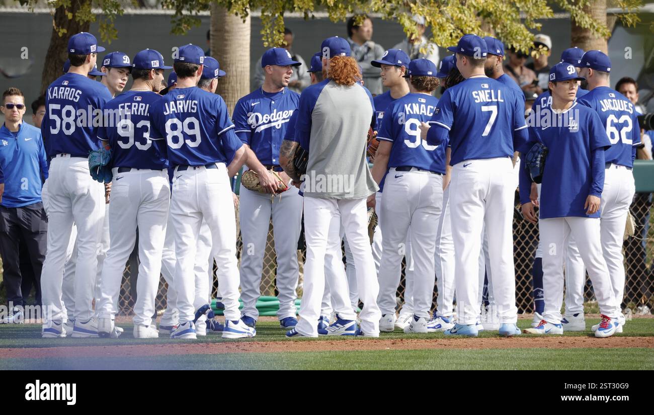 Los Angeles Dodgers pitchers gather during the team's spring training ...