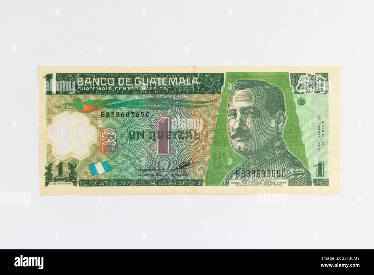 Guatemala 1 Quetzal bank note features Jose Maria Orellana, President ...