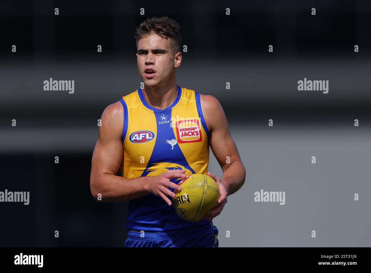 Perth, Australia. 17th Feb, 2025. Elijah Hewett of the Eagles is seen ...