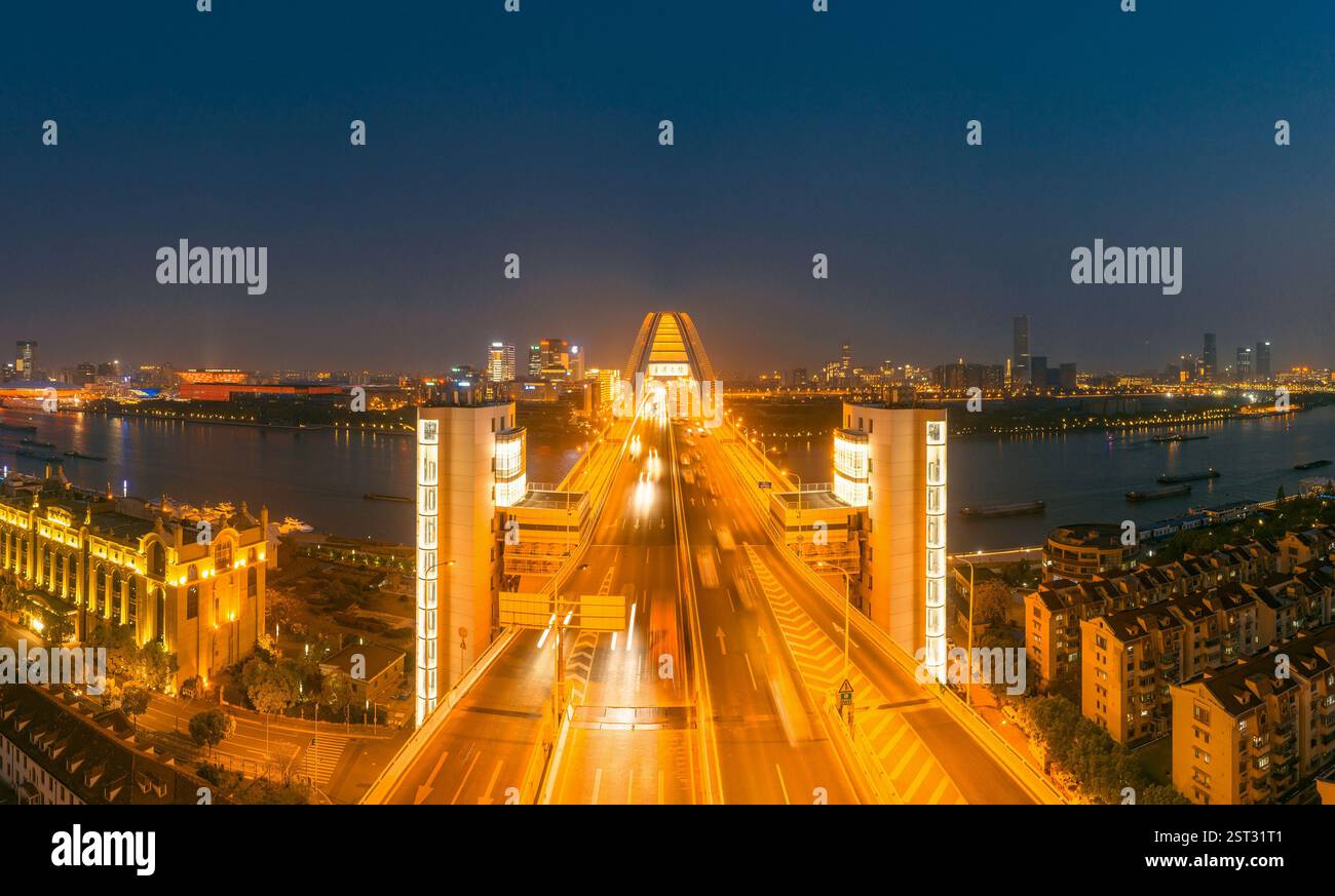 Night view of Lupu Bridge on Huangpu River in Shanghai, China Stock ...