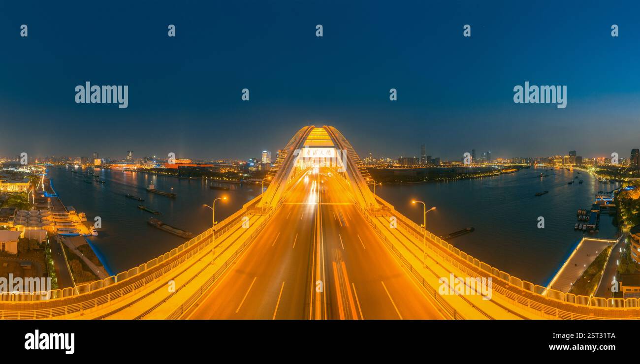 Night view of Lupu Bridge on Huangpu River in Shanghai, China Stock ...