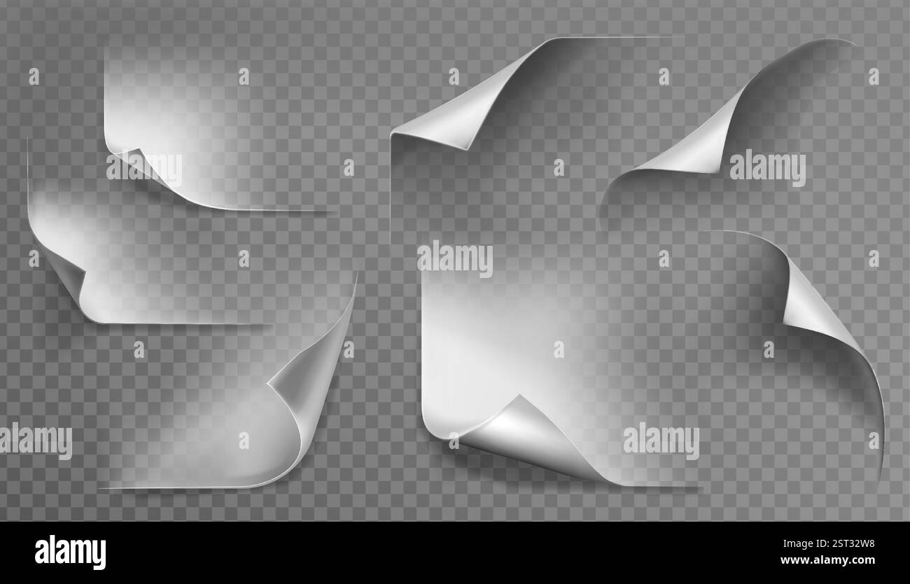 Paper corner fold collection on transparent background - curled edges in various angles, curved ...