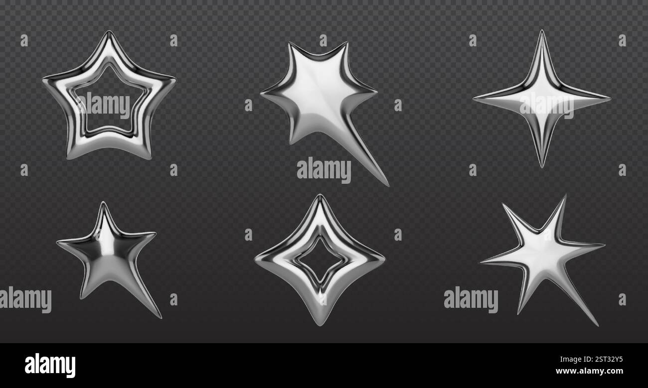 Metallic chrome stars collection - silver 3d shapes with reflective ...