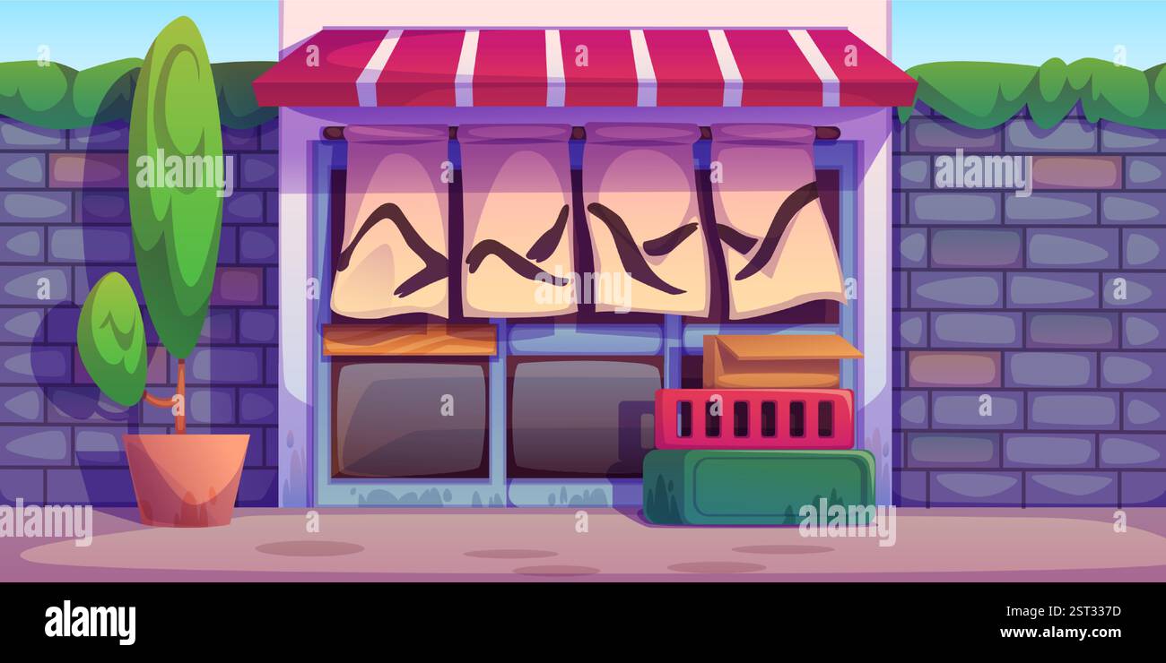 Chinese street storefront with traditional curtain with mountain ...