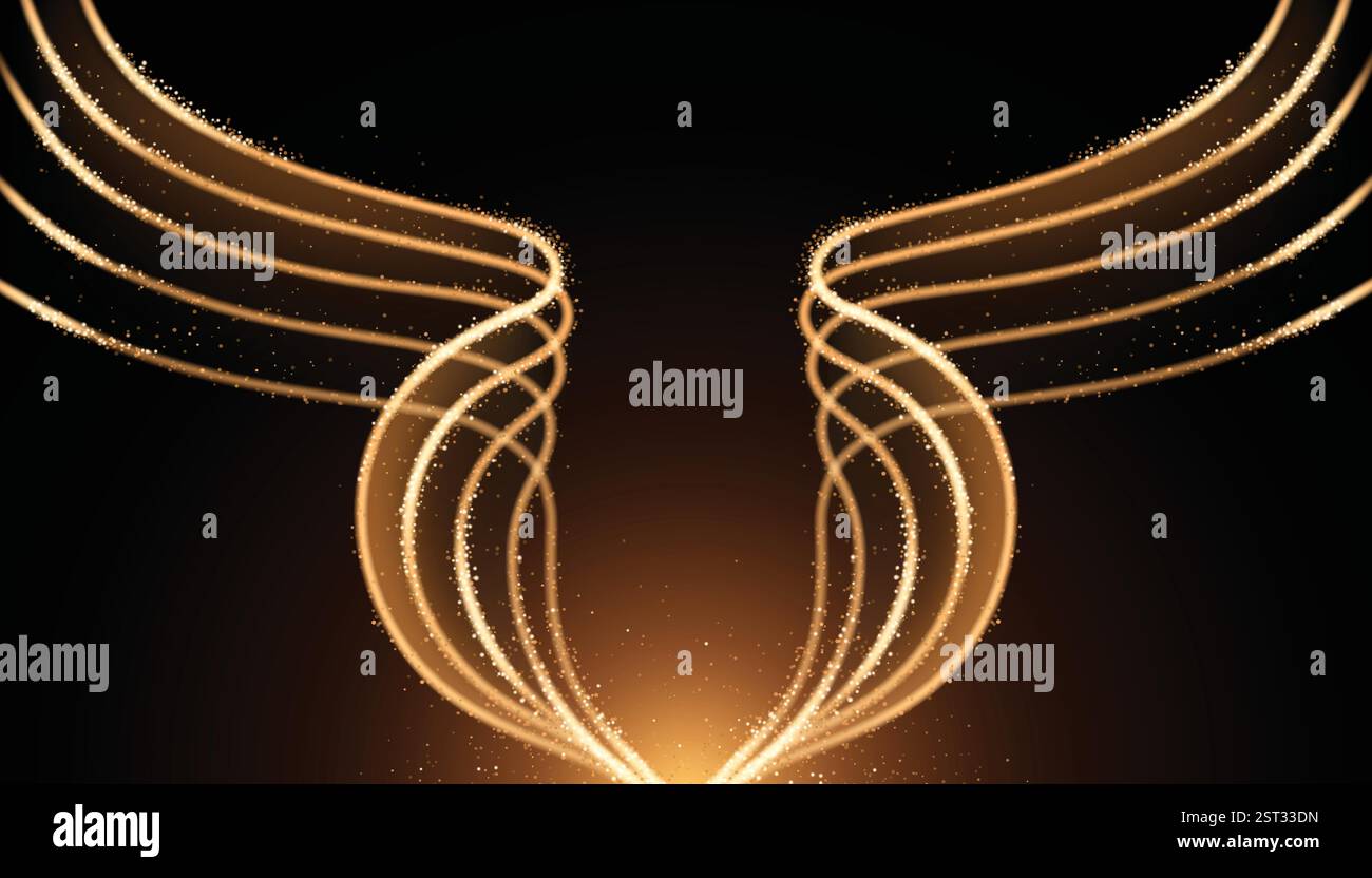 Light wing shaped line background - glowing golden streams on dark ...