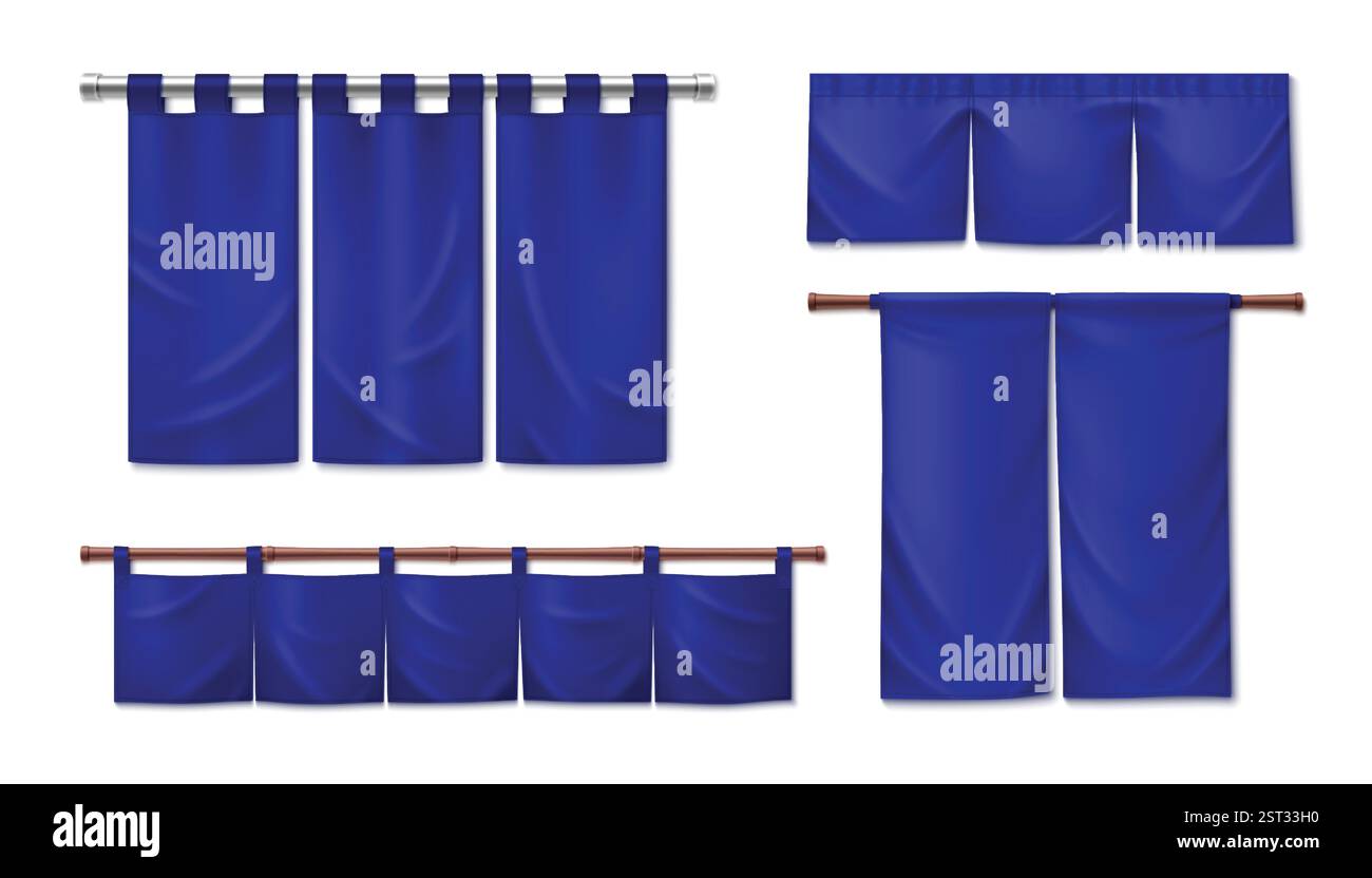 Japanese curtain collection - navy blue noren panels on mounting rods ...