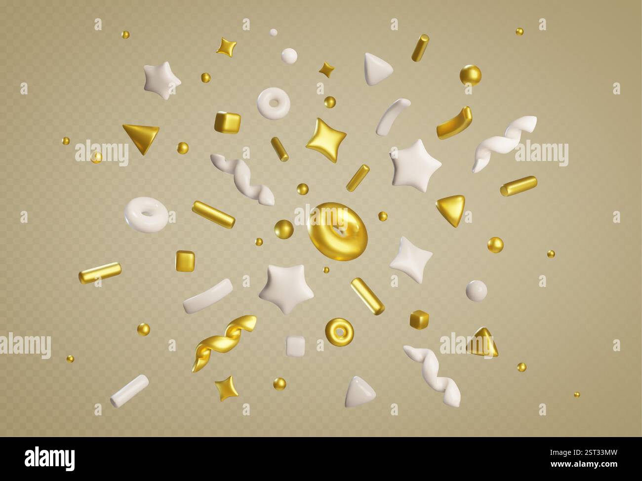 3d confetti pattern with floating gold and white stars, circles ...