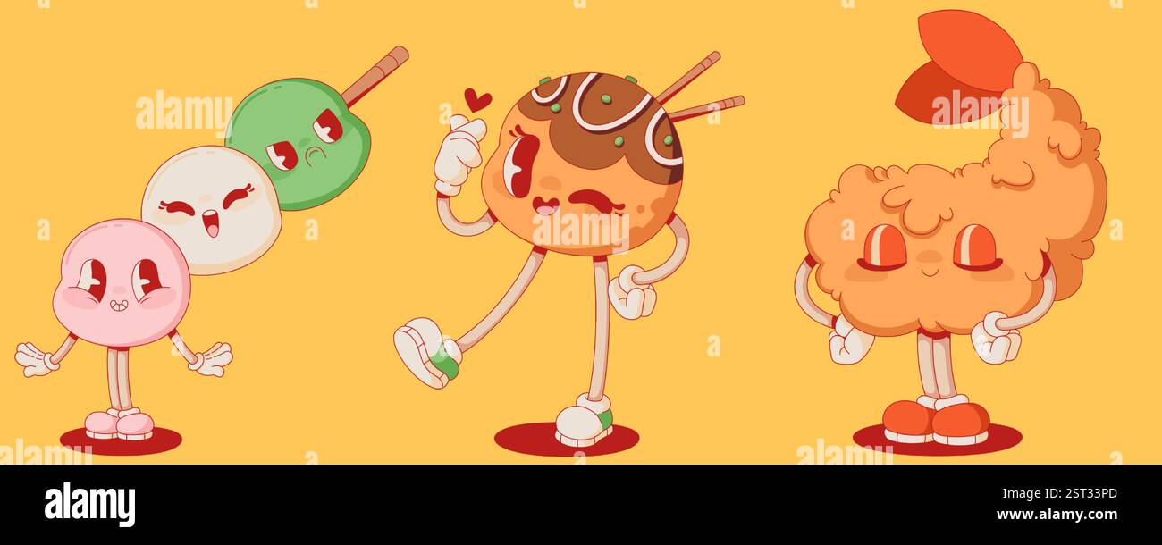 Retro Japanese food mascots - stack of colorful dango, winking ...