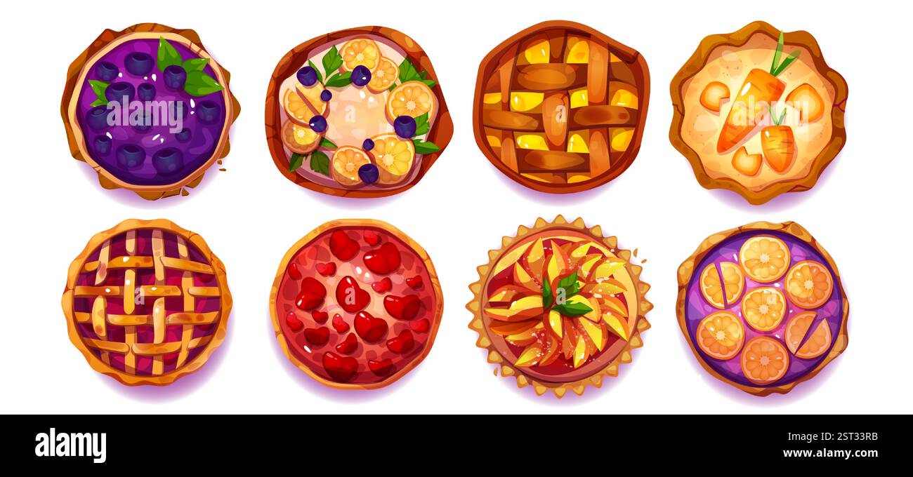 Top view pies and tarts collection with fruit fillings. Fresh desserts topped with blueberries ...