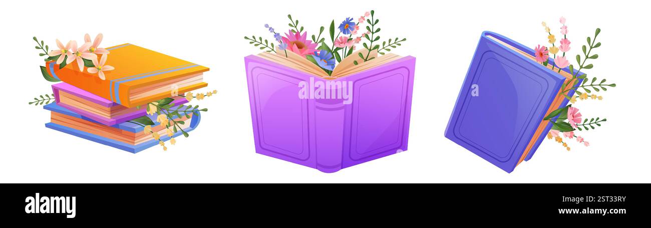 Books with flower bouquets set isolated on white background. Vector ...