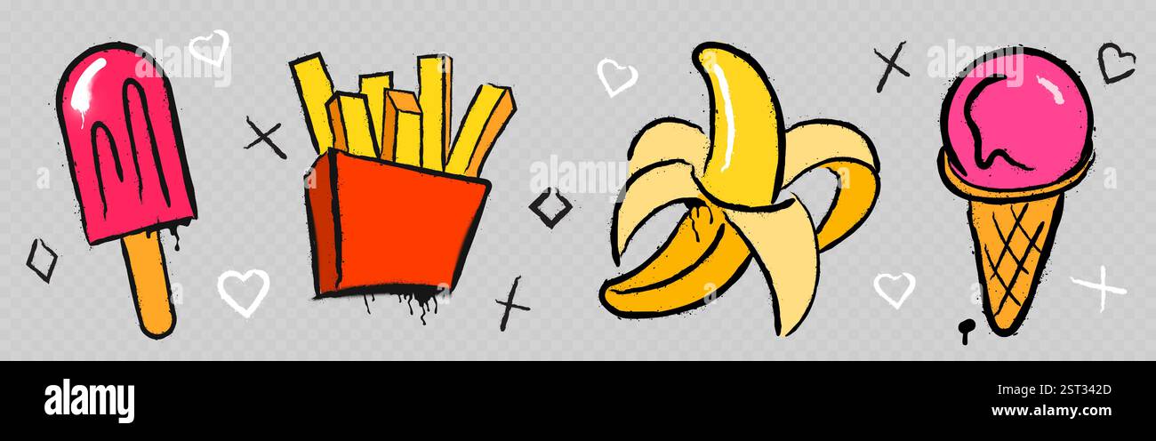 Graffiti style fast food icons with rough edges. Pink popsicle, french ...