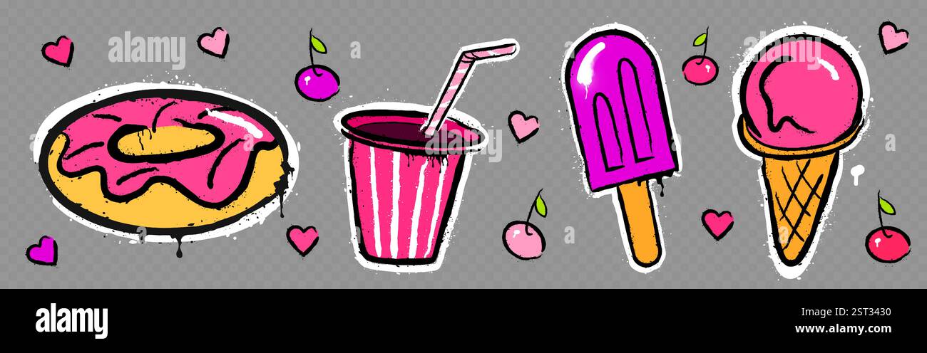 Graffiti style sweets set in pink colors. Street art desserts - glazed ...