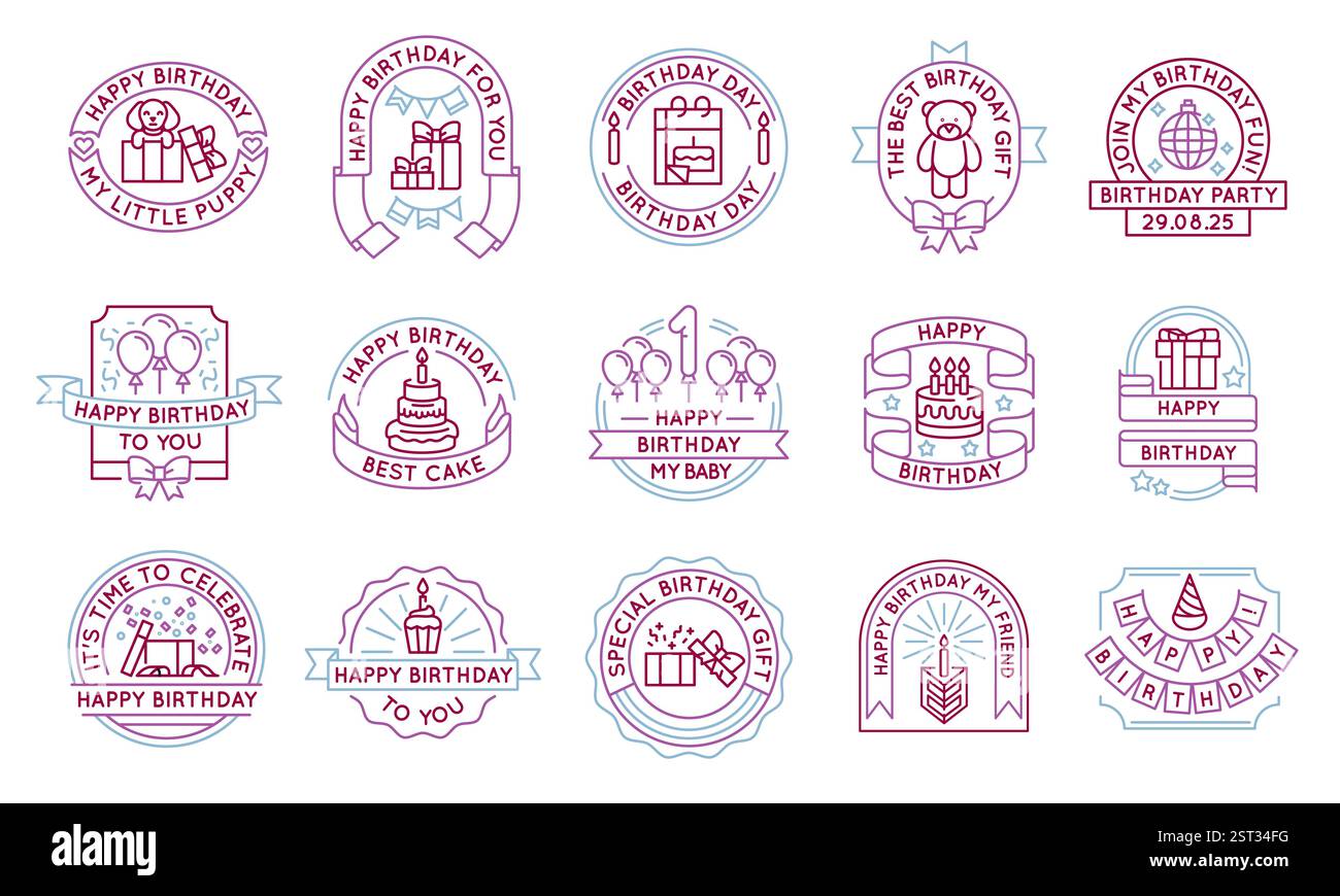 Set of 15 Happy Birthday Celebration Logo Icons Stock Vector Image ...