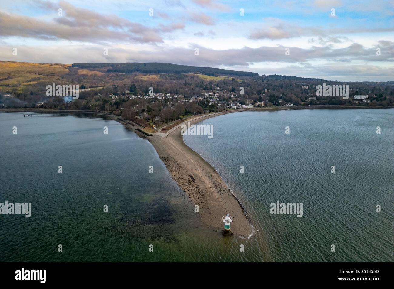 Aerial view of Rhu Narrows gravel spit on Gare Loch at Rhu, Argyll and ...