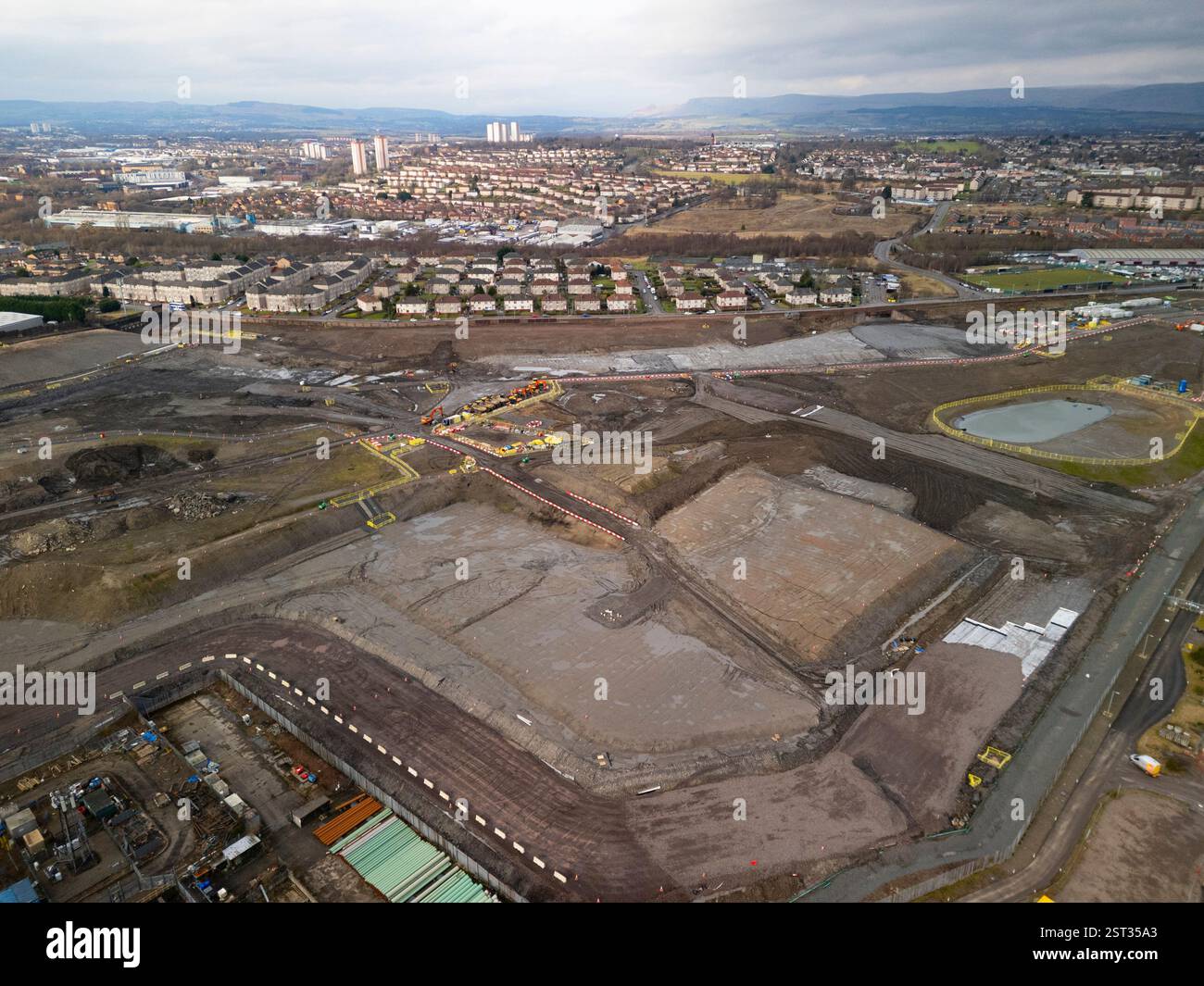 Aerial view of ground preparation construction of new HMP Glasgow a ...