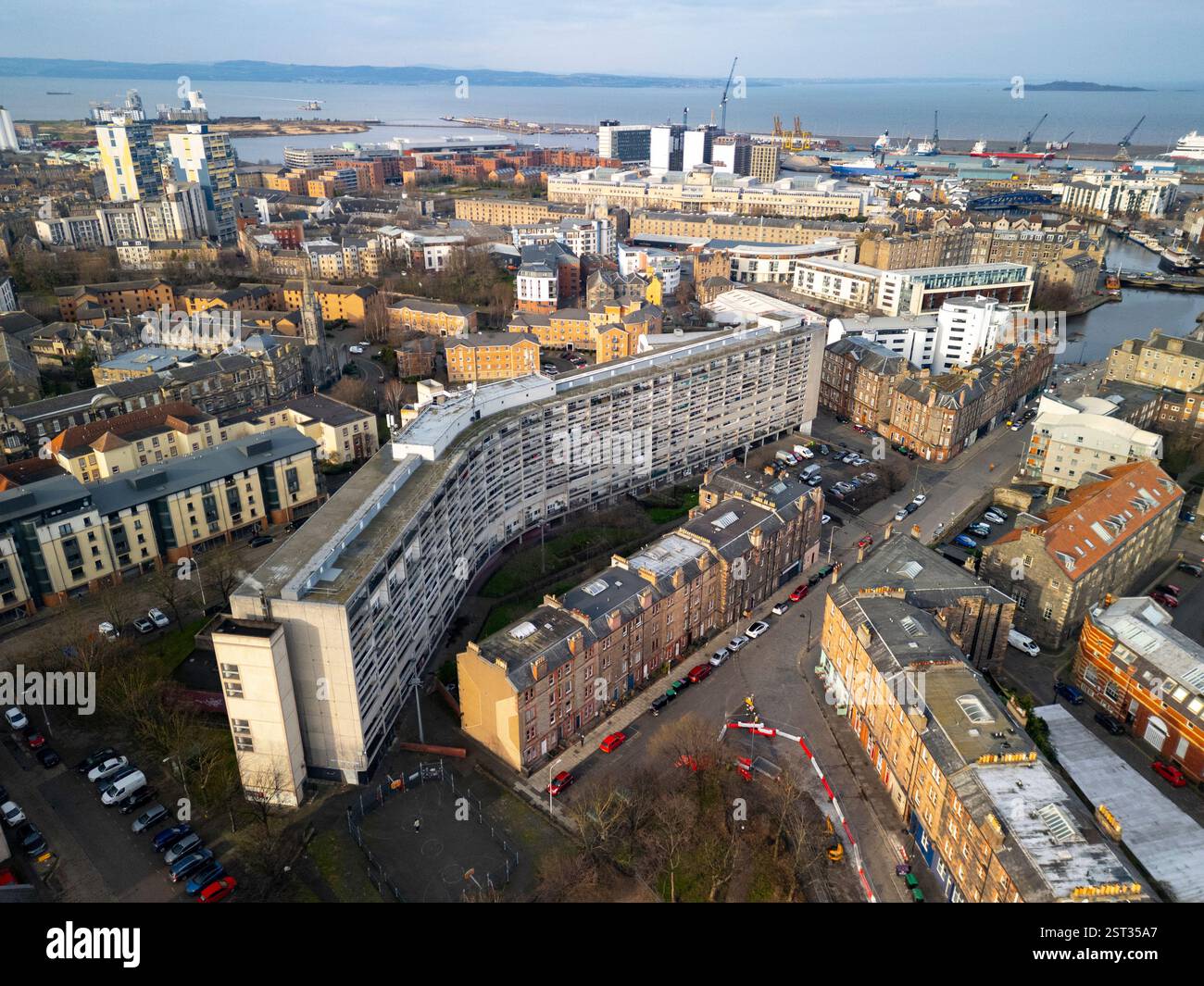 Aerial view of Cables Wind House apartment building known as the Banana ...